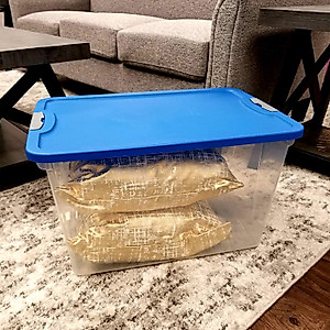 HOMZ X Large 64 Quart Clear Plastic Storage Container with Lid, Snaplock Blue Lid and Grey Latches, 3 Pack