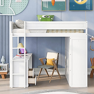 Harper & Bright Designs Full Size Loft Bed with Wardrobes and Desk, Solid Wood Loft Bed Frame with 2 Storage Drawers Cabinet, for Kids Teens Adults (White)