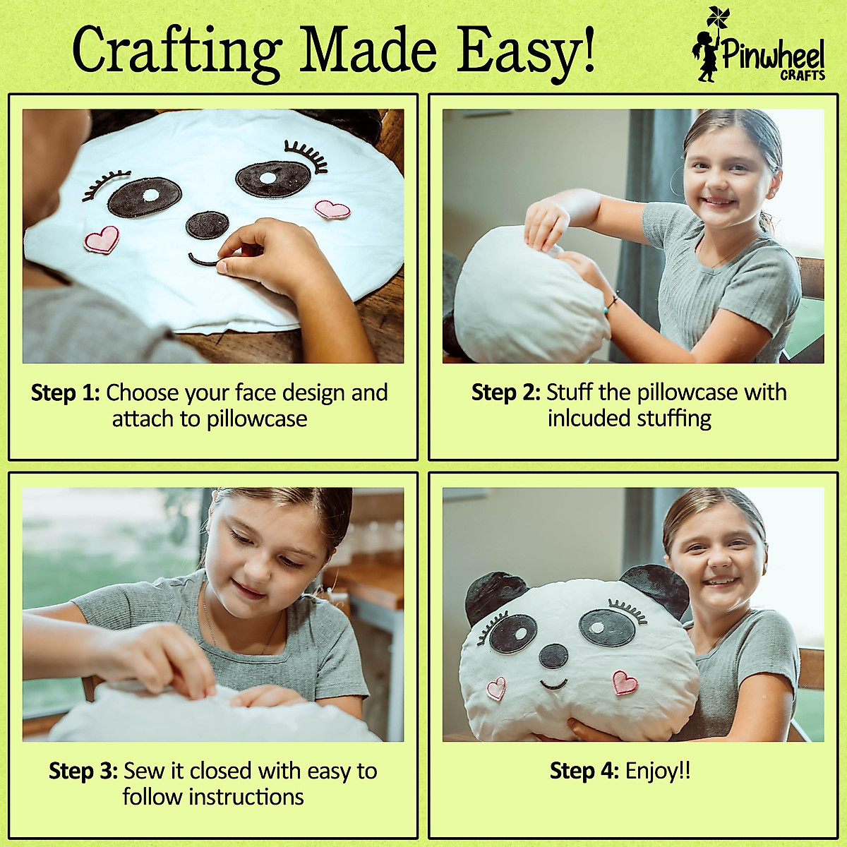 Pinwheel Crafts Beginner Sewing Kit for Kids 8-12 - Easy DIY Panda Pillow Kit - Learn to Sew - Kids Sewing Craft Gifts - Make Your Own Stuffed Animal Panda Plush Toy