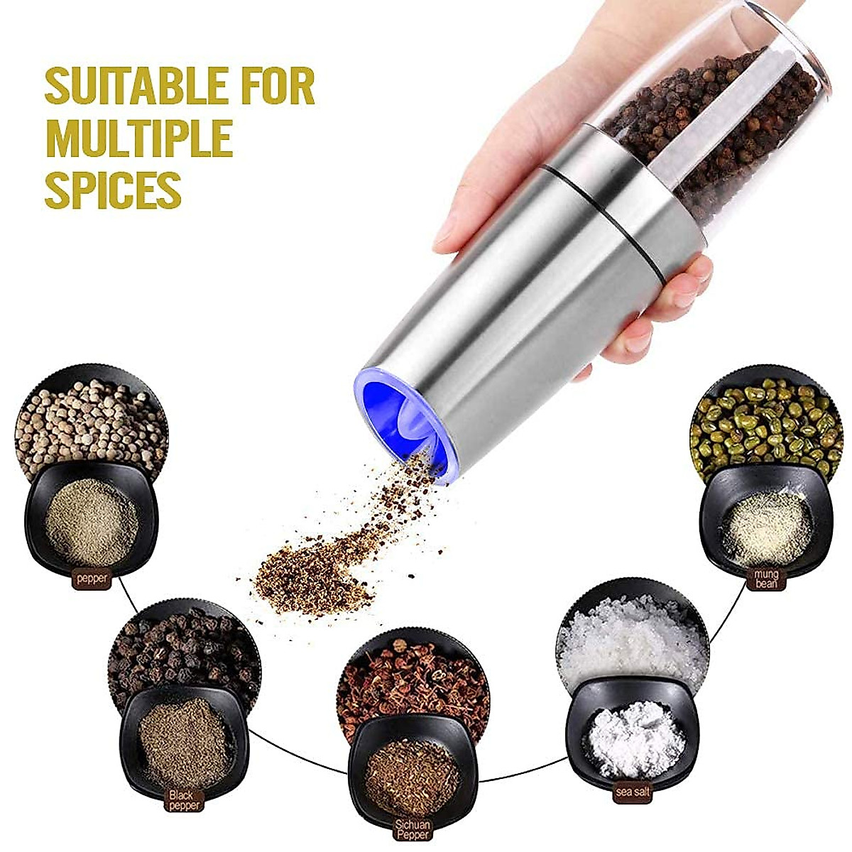 AVNICUD Electric Salt and Pepper Grinder, Automatic Pepper Mill, Gravity Salt Grinder, Battery-Operated with Adjustable Coarseness, LED Light, One Hand Operated (Silver 2Pack)