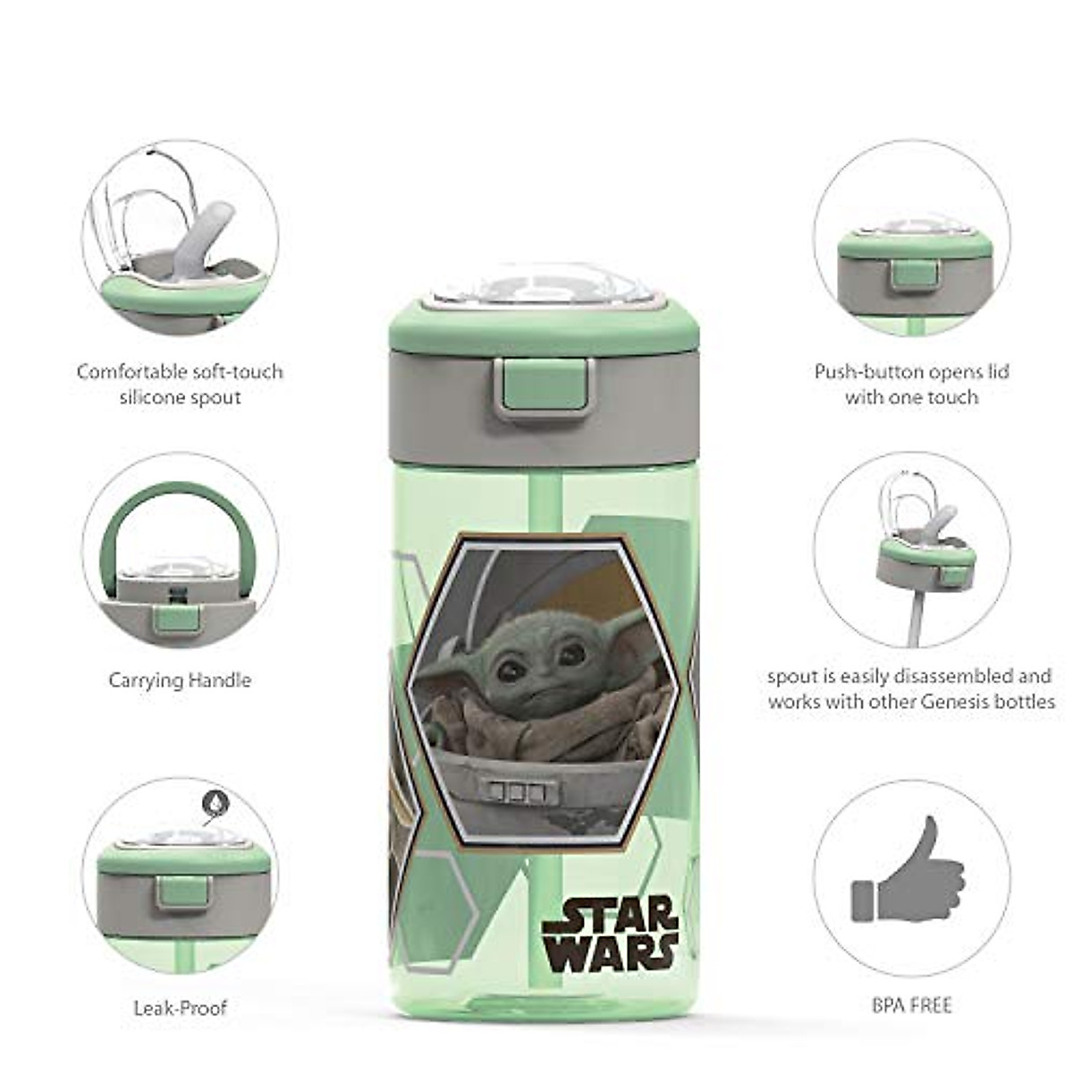 Zak Designs Star Wars The Mandalorian Durable Plastic Water Bottle with Interchangeable Lid and Built-In Carry Handle, Non-BPA, Leak-Proof Design is Perfect for Outdoor Sports (The Child, 18oz, 1PC)