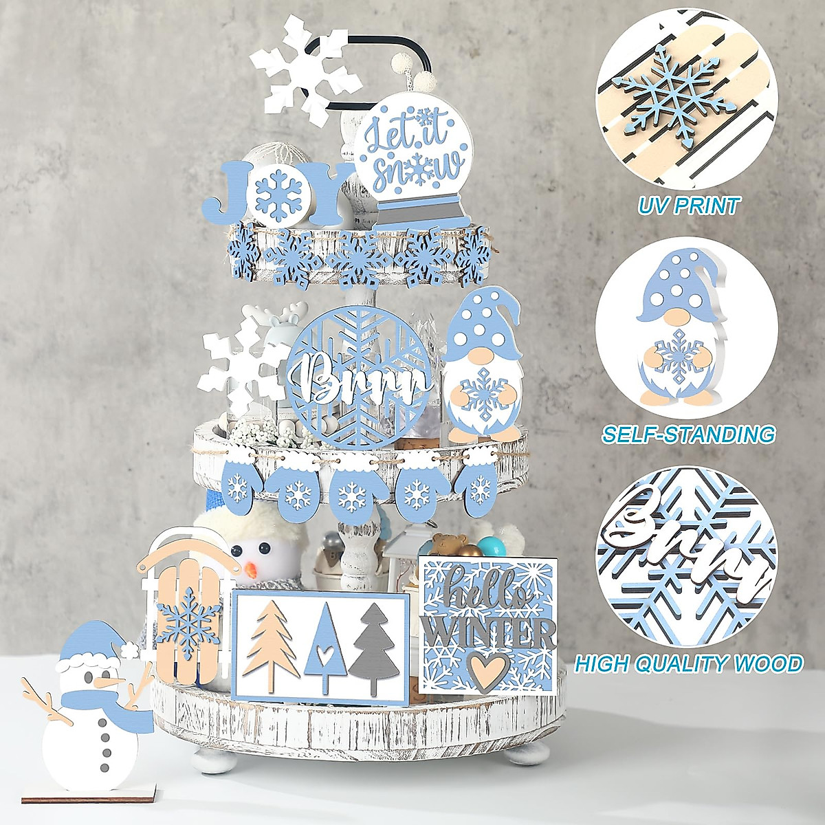 FairySandy 20 Pcs Tiered Tray Decor Snowflake Snowman Gnome Wooden Signs Winter Wonderland Table Centerpieces Rustic Farmhouse Tabletop Sign Decor for Party Home Christmas Holiday
