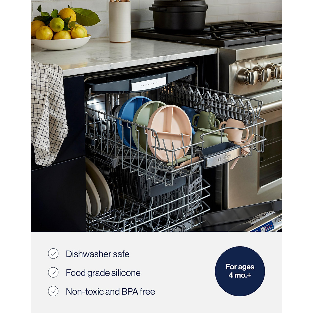 Lalo First Bites Silicone Baby Feeding Set - Baby Led Weaning Supplies - Non-Toxic Silicone - Includes 2 Spoons, Training Cup, & Suction Bowl - 4 Pieces - Olive