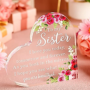 Yulejo Acrylic Heart Sister Gift from Keepsake Paperweight a is God's Way of Making Sure We Never Walk Alone Memory Gifts Table Centerpiece Decor Birthday for Sisters (Blossom, 6 x 6'')