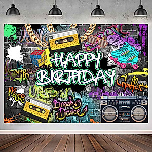 Sensfun Graffiti 80's 90's Birthday Backdrop Urban Retro Hip Hop Birthday Party Background Gold Chain Glasses Cartridge Tape Recorder Disc Rock Birthday Decoration Banner Photo Booth Props 7x5ft