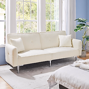 Topeakmart Futon Sofa Bed Split-Back Sleeper Sofa with Removable Armrest Sturdy Metal Legs 3 Angles Adjustable Couch Settee for Apartment/Living Room/Office Ivory Bouclé