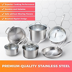 Mueller Pots and Pans Set 11-Piece, Ultra-Clad Pro Stainless Steel Cookware Set, Ergonomic and EverCool Stainless Steel Handle, Includes Saucepans, Skillets, Stockpot, Saute Pan, Steamer