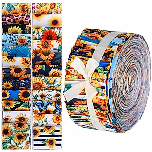70 Pcs Sunflower Jelly Cotton Fabric Patchwork Roll, 2.55 Inch Cotton Sunflower Fabric Quilting Strips Sunflower Roll Up Jelly Fabric Patchwork Fabric for Quilters and Sewing DIY Crafts