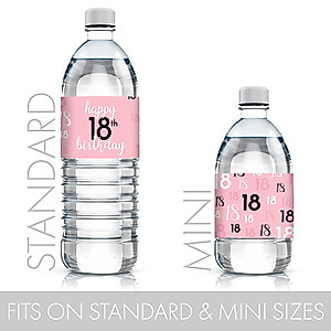 Pink, Black, and White 18th Birthday Party Water Bottle Labels - 24 Waterproof Wrappers, 18th Birthday Decorations for Girls Pink