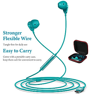 APETOO USB C Headphones for iPhone 16 15 Pro Plus iPad Pro,USB Type C Earphones HiFi Stereo USB C Wired Earbuds Microphone Volume Control for Galaxy S24 S23 S22 S21Pixel 9 8 7 7a 6 Pro 6a Turquoise