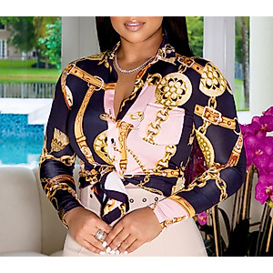 Colorful Blouses Long Sleeve Floral Print Loose Collar Sexy Tops Casual V Neck Button Down T-Shirt for Women L