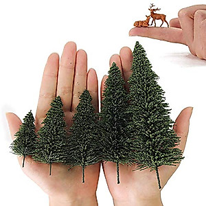 S0804T 20PCS Dark Green Pine Model Cedar Trees 2.05-4.96 inch (52-126 mm) and 4pcs Moose Deer Elk for Model Railroad Scenery Landscape Layout HO OO Scale (Mix Size)