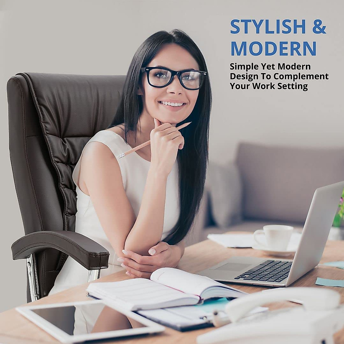 Halter Ergonomic Office Chair for Home Office Desk, Luxury Leather Bonded Executive Chair, Adjustable Height, Padded Comfy Seat, High Back Lumbar Support, Computer Chair for All Day Comfort, Black