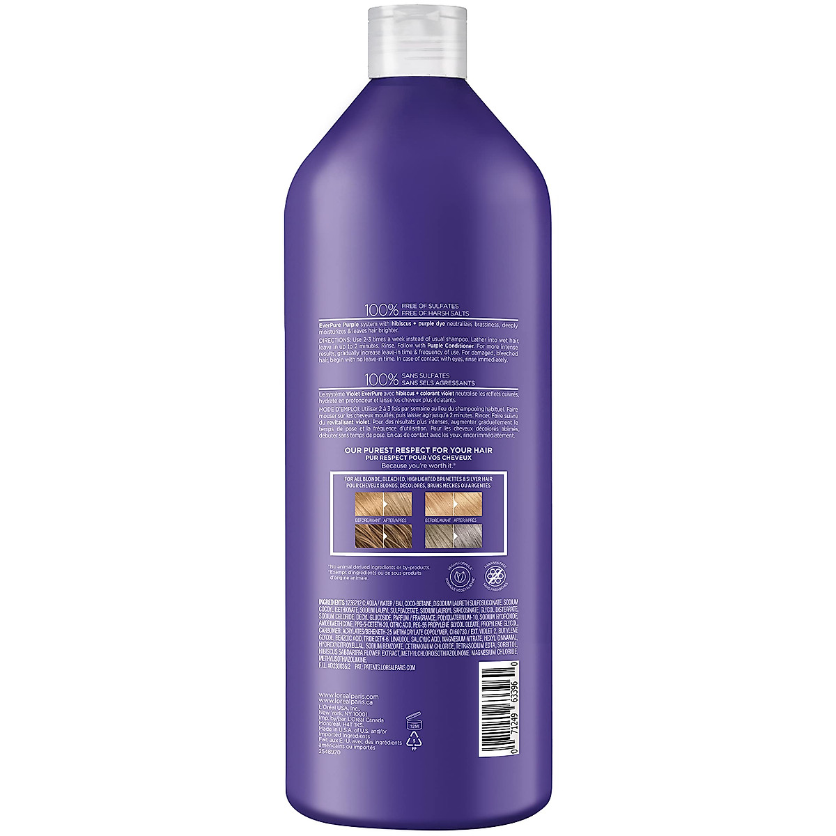 L’Oréal Paris EverPure Sulfate Free Brass Toning Purple Shampoo for Blonde, Bleached, Silver, or Brown Highlighted Hair, 33.8 Fl; Oz (Packaging May Vary)