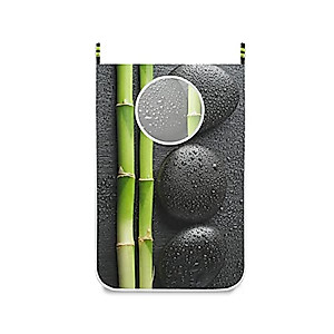 Poeticcity Black Zen Basalt Stones with Dew Green Bamboo on Dark Hanging Laundry Hamper Bag, Dirty Clothes Bag Over The Door, Wall Cloth Basket with Hooks Storage Closet for Bathroom Bedroom