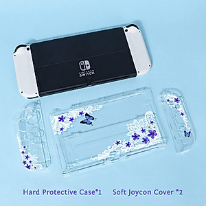 DLseego Purple Butterfly Flower Floral Switch OLED Case 2021 Version Anti-Scratch Dockable Console Clear PC Hard Shell Soft TPU Shock-Absorption Joy Con Cover Romantic Design for Switch OLED Model