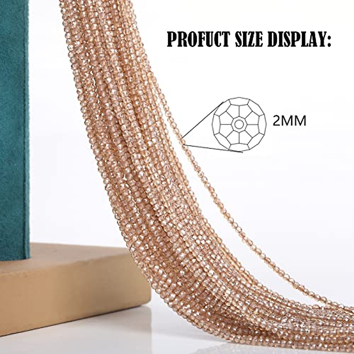 1850Pcs 2mm Crystal Faceted Glass Beads, Diamond Cut Gemstone Strand, Micro 48 Faceted Tiny Glass Beads for DIY Jewelry Making (Champagne Gold)