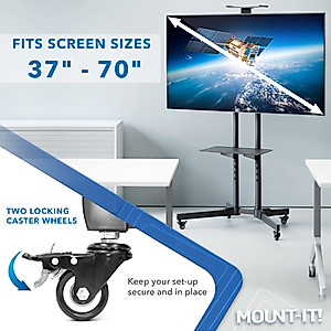 Mount-It! TV Cart Mobile TV Stand Wheeled Height Adjustable Flat Screen Television Floor Stands with Rolling Casters and Shelf, VESA Compatible TV Mount Bracket Fits Displays 37 to 70 Inch, 110 Lbs