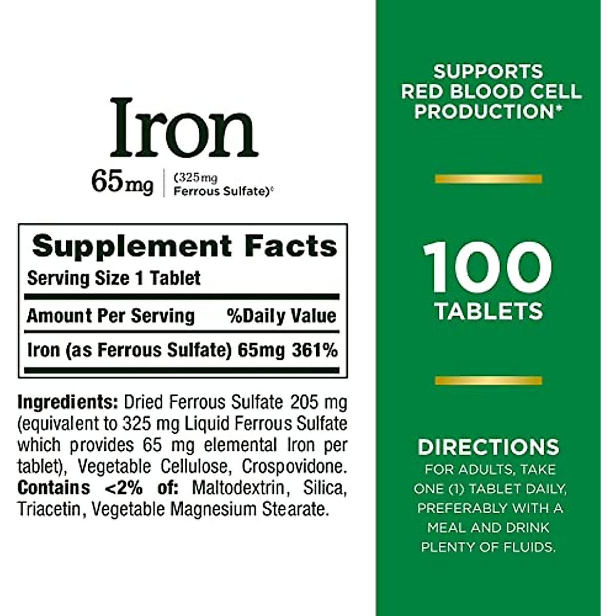 Nature’s Bounty Iron 65mg, 325 mg Ferrous Sulfate, Cellular Energy Support, Promotes Normal Red Blood Cell Production, 100 Tablets - Pack of 2