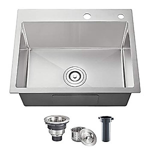ROVOGO 24 x 18 inches Drop-in Kitchen Sink Single Bowl with 2 Holes, 304 Stainless Steel Handmade Residential Sink Brushed