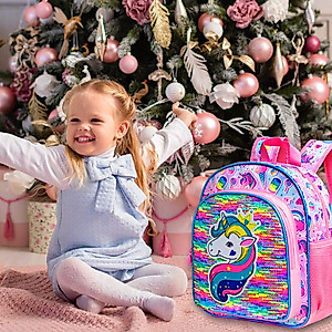 gxtvo Toddler Backpack for Girls, Unicorn Sequin Preschool Bookbag, 12" Cute Cartoon Animal School Bag