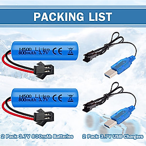 VICMILE 3.7V 800mah Li-ion Battery 2Pack with USB Chargers SM-2P Plug RC Rechargeable Battery Compatible with Remote Control Cars E35 DE38 DE40 DE50 DE55 TB202 TM141 Toy Cars 2Pack