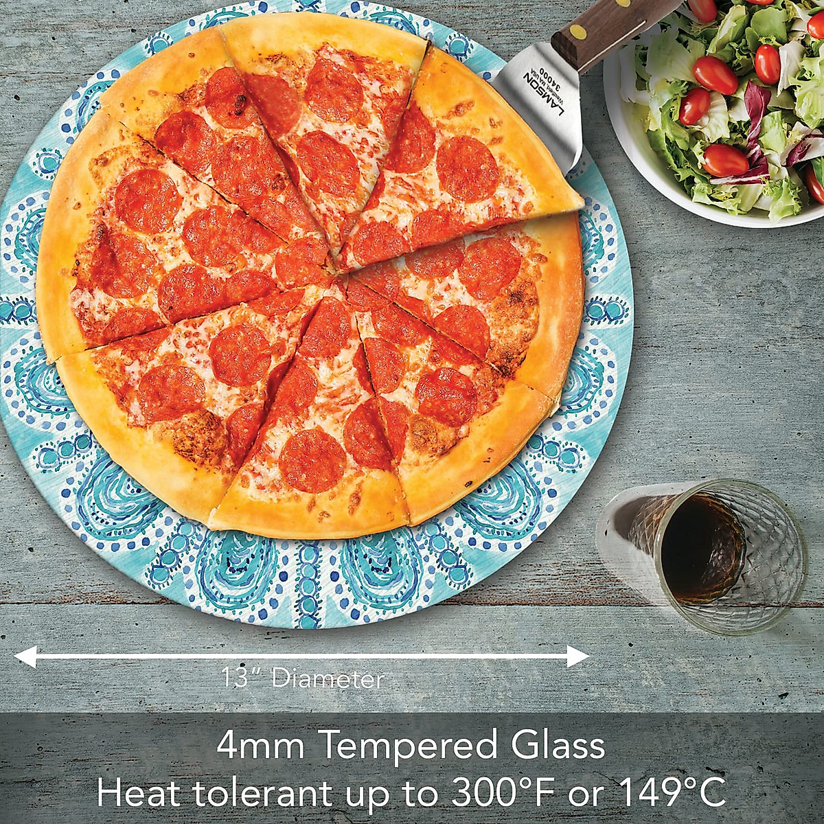 Ocean Fantasy 4mm Heat Tolerant Tempered Glass Lazy Susan Turntable 13" Round Cake Plate, Pizza Stand, Condiment Caddy