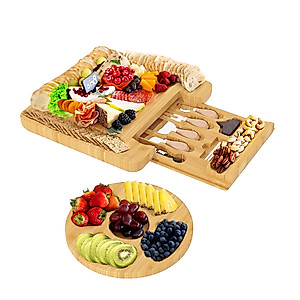 C&AHOME Cheese Board Set, Cheese Board Set and Knife Set, Bamboo Cheese Tray Platter, Cheese Platter Unique House Warming Gifts, Ideal for Birthday, Housewarming, Wedding Gifts, Natural UCBSBKFN