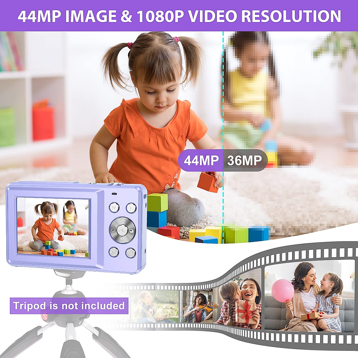 Digital Camera, Kids Camera with 32GB Card FHD 1080P 44MP Vlogging Camera with LCD Screen 16X Zoom Compact Portable Mini Rechargeable Camera Gifts for Students Teens Adults Girls Boys-Purple