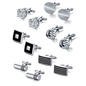 Ofeiyaa 6 Pairs Cufflinks Classic Striped Disc Square Spherical Knot CZ Rectangle Cylindrical Cufflinks Set for Men