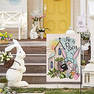 Covido Home Decorative He is Risen Religious Church Bunny Gnome Easter Garden Flag, House Yard Polka Dots Eggs Hyacinth Flowers Outside Decoration, Spring Floral Outdoor Small Decor Double Sided 12x18