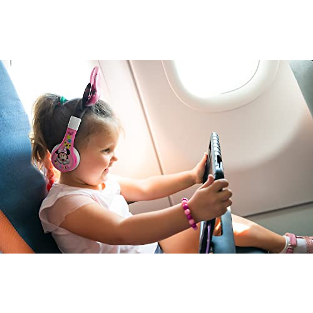 eKids Minnie Mouse Kids Bluetooth Headphones, Wireless Headphones with Microphone Includes Aux Cord, Volume Reduced Kids Foldable Headphones for School, Home, or Travel, Pink