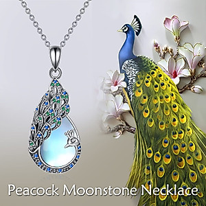 DAYLINLOVE Peacock Necklace for Women Sterling Silver Moonstone Peacock Necklace Peacock Bird Feather Pendant Jewelry for Peacock Lovers