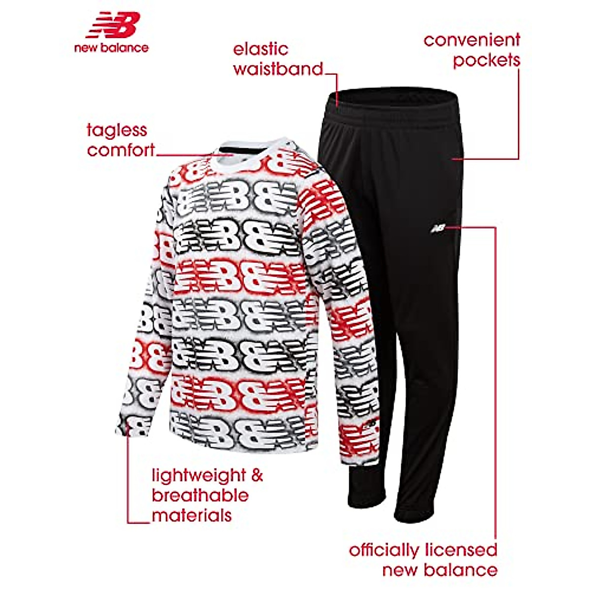 New Balance Boys' Jogger Set - 2 Piece Long Sleeve T-Shirt and Tricot Sweatpants (8-12), Size 10, White/Black