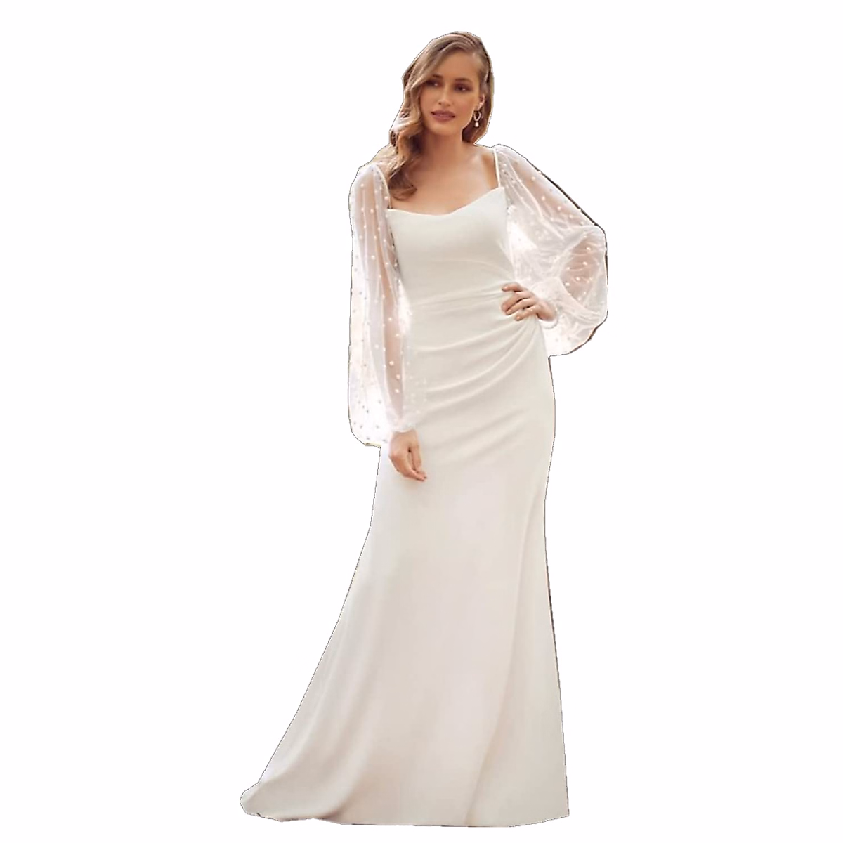 Detachable Sleeves for Wedding Dresses Pearl Tulle Illusion Removable Bridal Accessory (Ivory 04)