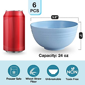 Gencywe Unbreakable Cereal Bowls Set of 6, 24 OZ Wheat Straw Bowls, Microwave & Dishwasher Safe, BPA-Free, Dessert Bowls for Cereal, Serving, Soup, Oatmeal, Pasta, Salad, Lightweight Soup Bowls