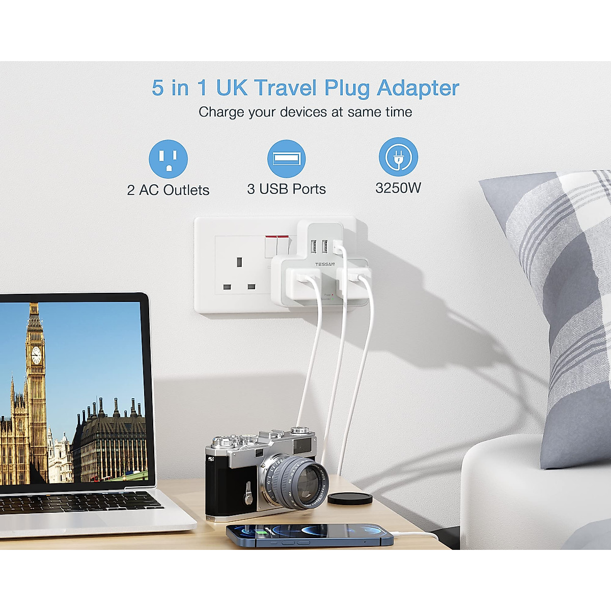 US to UK Plug Adapter, TESSAN Type G Power Converter with 2 Outlets 3 USB Charger, Ireland Travel Adaptor for USA to England Scotland Kenya Dubai London British Qatar Irish Hong Kong