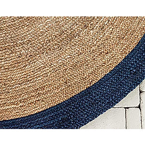 Unique Loom Braided Jute Collection Classic Quality Made Natural Hand Woven with Solid Color Detail Area Rug (8' 0 x 8' 0 Round, Natural/ Navy Blue)