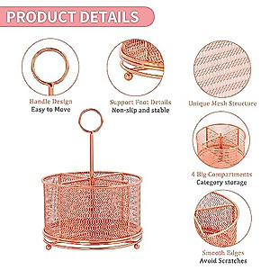 Spacrea Pen Holder for Desk - 360°Degree Rotating Pen Organizer, Desk Organizer with 4 Compartments, Pencil Holder for Desk, For School, Classroom, Office, Art Supplies(Rose Gold)