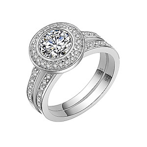 Lavencious Round Clear Wedding Sets Engagement Ring Band 925 Sterling Silver with White AAA CZ (Silver, 7)