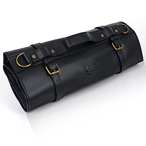 Ventiva - Black Leather Knife Roll Storage Bag, 9 Pockets w/ Large Utility Pocket, Adjustable/Detachable Shoulder Strap, Travel-Friendly and Durable