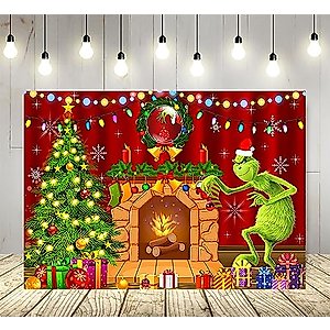 Cartoon Fireplace Backdrop for Christmas Party Supplies 5x3ft Grinch Xmas Photo Background Merry Christmas Photography Backdrop Grinchmas Banner