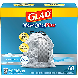 Glad ForceFlexPlus Tall Kitchen Drawstring Trash Bags - 13 Gallon Grey Trash Bag, Fresh Clean with Febreze Freshness 68 Count