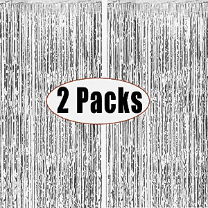 Fecedy 2pcs 3ft x 8.3ft Silver Metallic Tinsel Foil Fringe Curtains Photo Booth Props for Birthday Wedding Engagement Bridal Shower Baby Shower Bachelorette Holiday Celebration Party Decorations