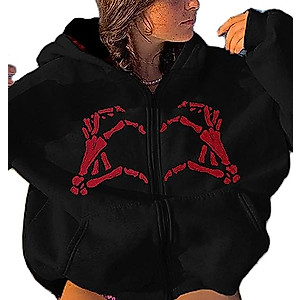 JINTING Skeleton Heart Hand Zip Up Hoodie Sweatshirt Women Vintage Jacket Halloween Oversized Top Jackets Pullover Black