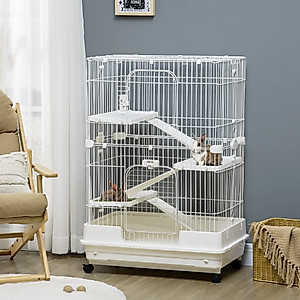PawHut 4-Level Small Animal Cage Rabbit Hutch with Wheels, Removable Tray, Platform and Ramp for Bunny, Chinchillas, Ferret, White