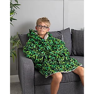 Minecraft Boys Oversized Blanket Hoodie | Boys Creeper Villain Enemy Double Lined Sherpa Fleece Green Sweater
