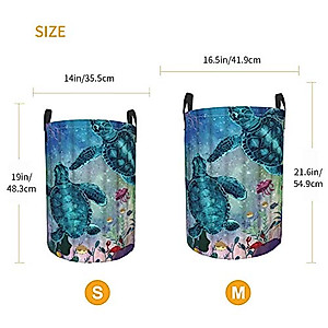 Round Storage Basket with Handles,Sea Turtle Ocean Creature Landscape Underwater Fish Seaweed Jellyfish Coral,Waterproof Coating Organizer Bin Laundry Hamper for Nursery Clothes Toys 21.5"x 16.5"