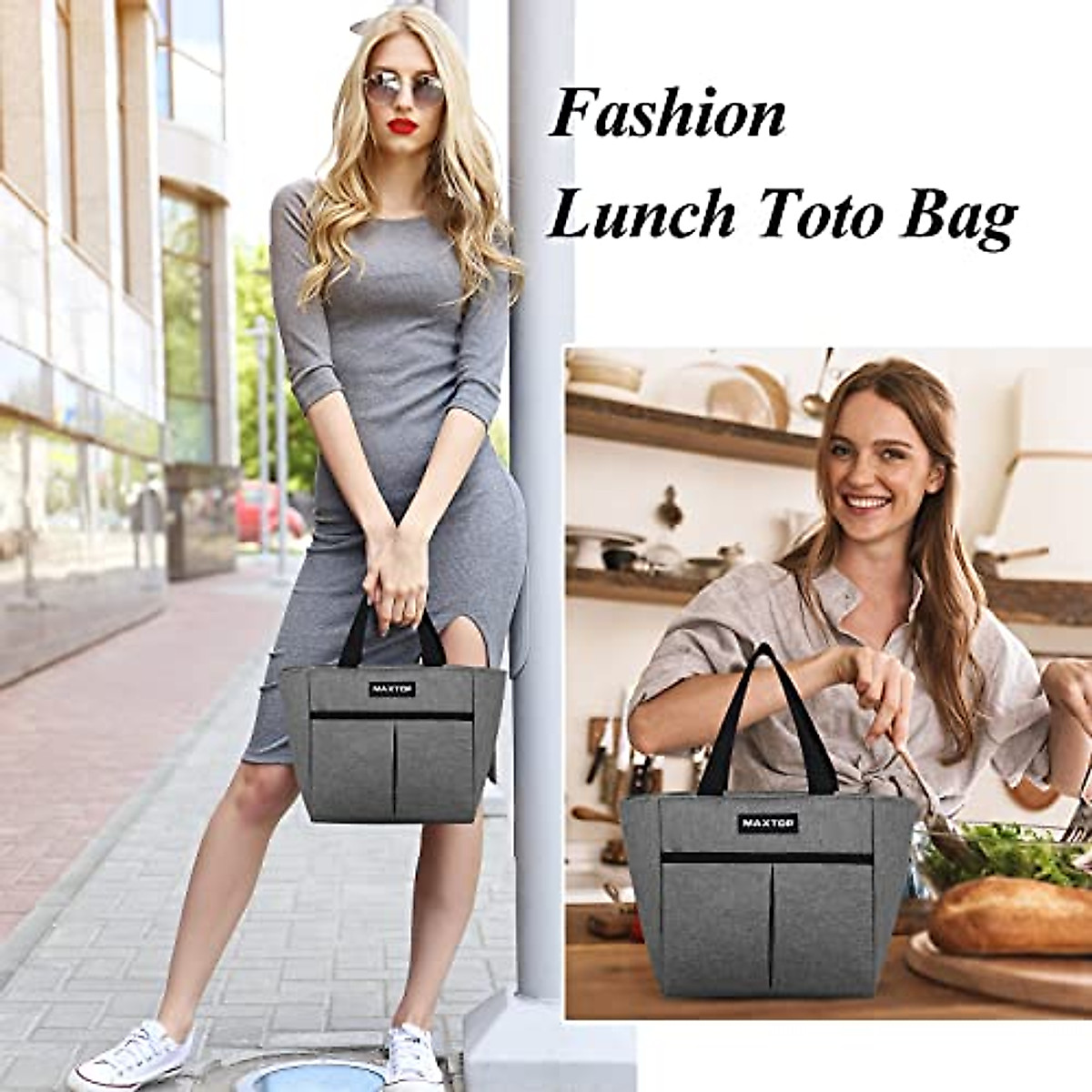 MAXTOP Lunch Bags for Women,Insulated Thermal Lunch Tote Bag,Lunch Box with Front Pocket for Office Work Picnic Shopping (Black, Small)