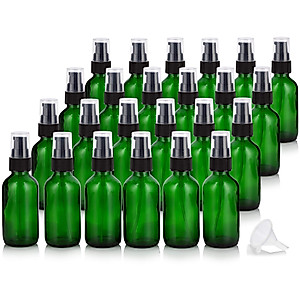 JUVITUS 2 oz Green Glass Luxury Boston Round Bottle with Black Treatment Pump (24 Pack) + Funnel I Refillable Empty Storage Containers